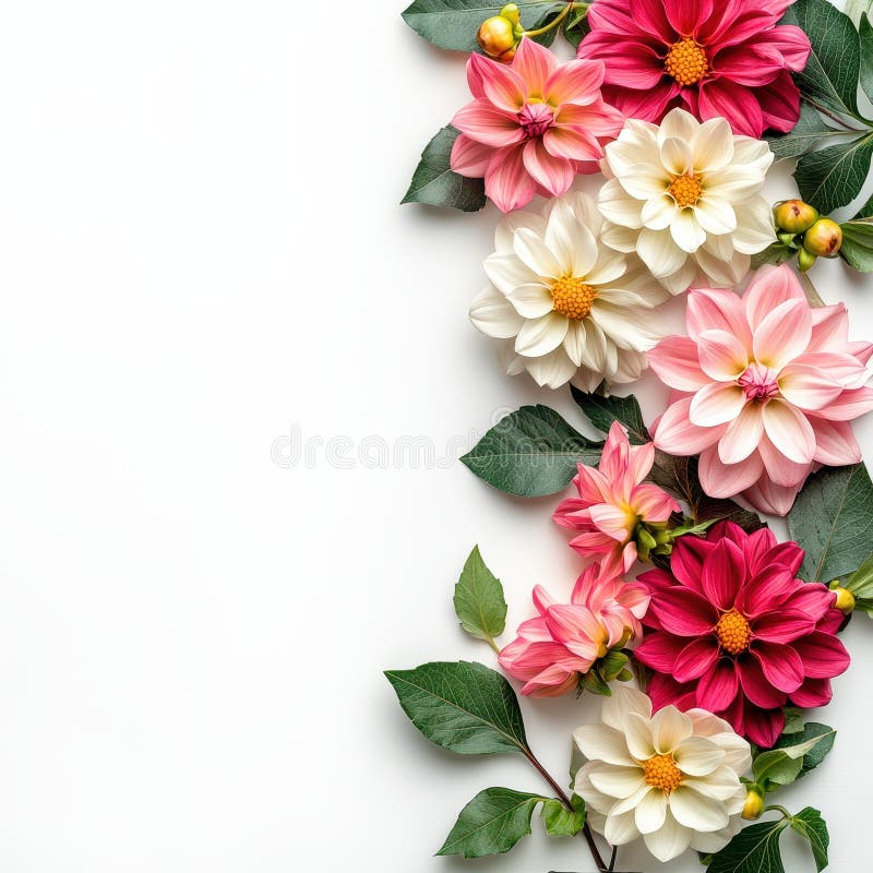 Pink and White Dahlias Floral Border White Background Stock ...