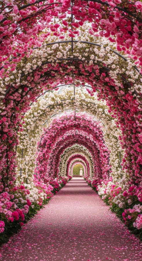 Pink and White Flower Tunnel Pathway Stock Illustration - Illustration ...