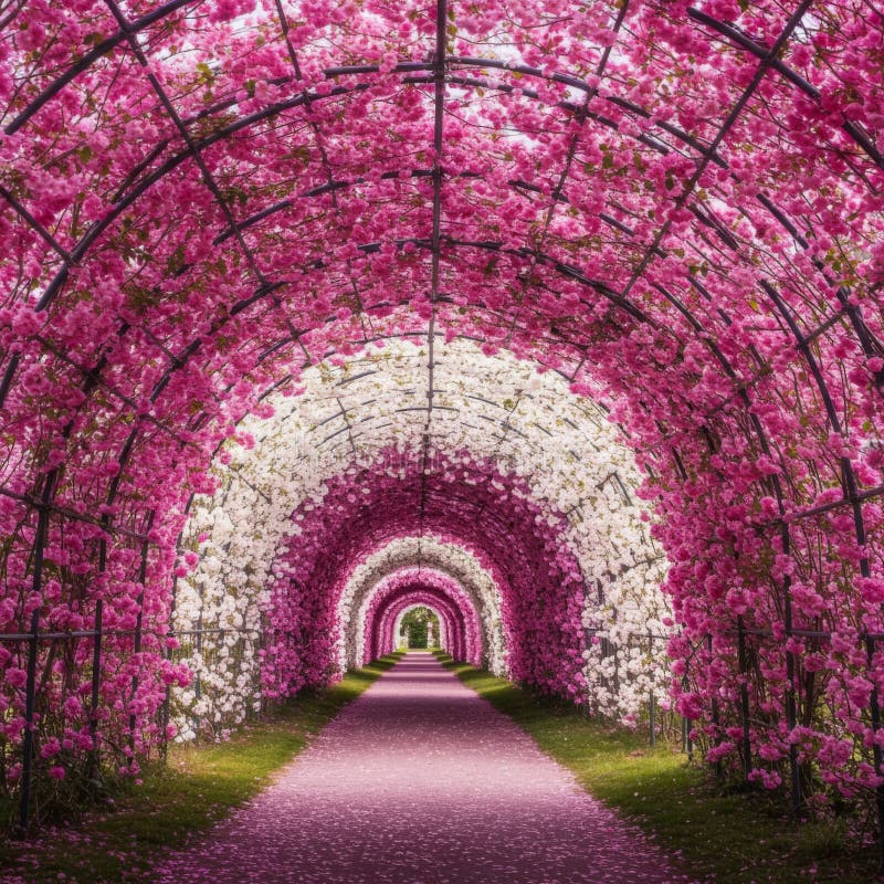 Pink and White Flower Tunnel in a Spring Garden Stock Illustration ...