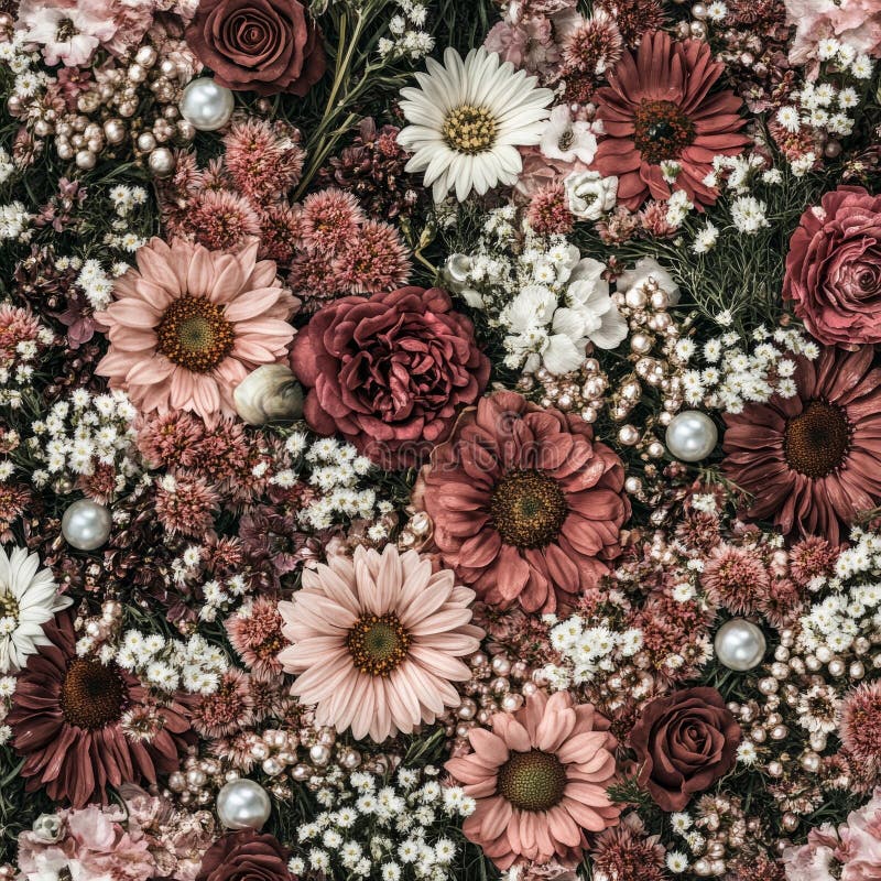 Pink and White Flowers Along with Pearls Form a Seamless and Continuous ...