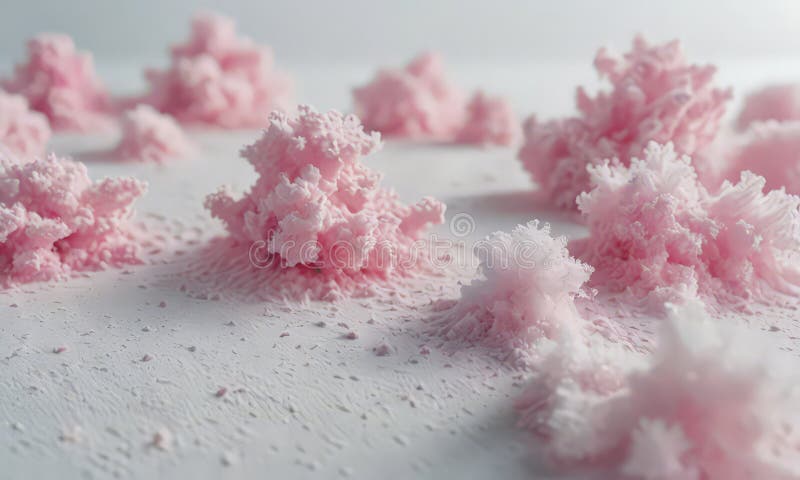 Pink and White Fluffy Objects are Scattered Across White Surface ...