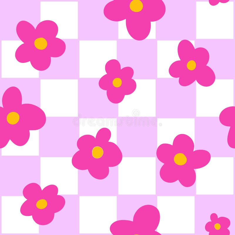 Pink and White Groovy Checkerboard Grid Seamless Pattern with Small ...