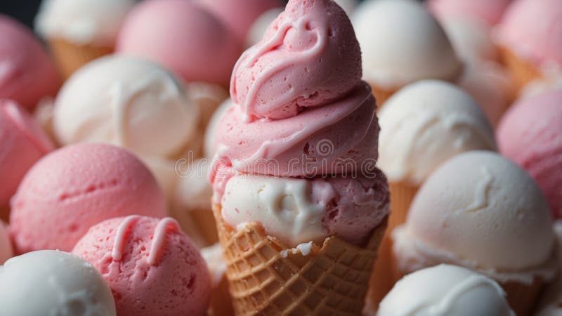 A Pink and White Ice Cream Cone with a White Drizzle on Top. Stock ...