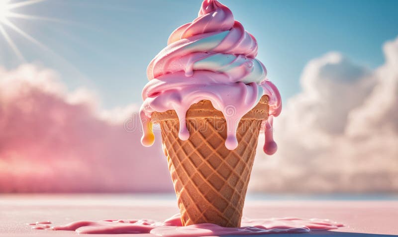 A Pink And White Ice Cream Cone Melts In The Sun Dripping Onto A