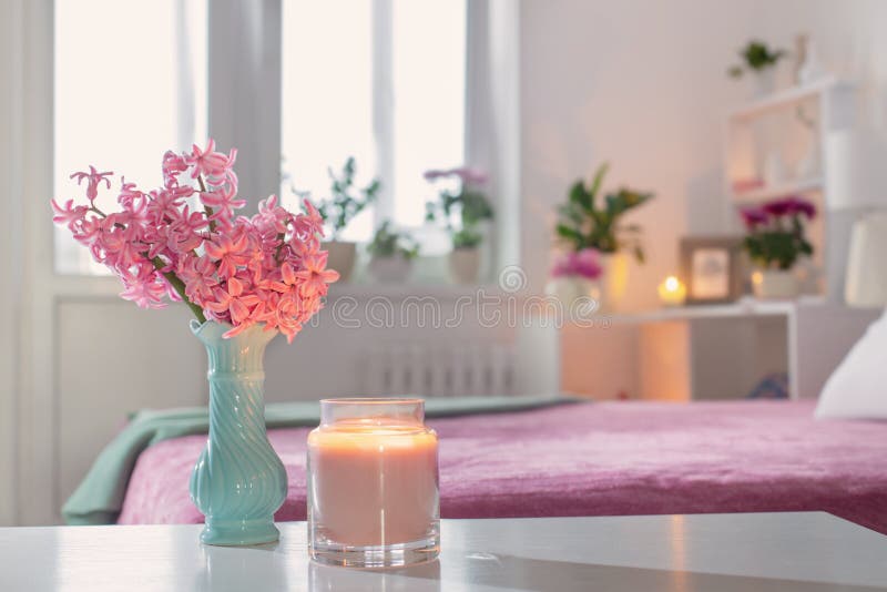 Pink and White Interior of Bedroom with Spring Flowers Stock Image ...