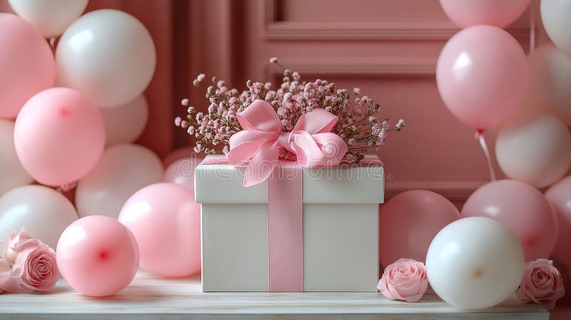 Pink and White Luxurious Gift Box and Balloon Stock Illustration ...
