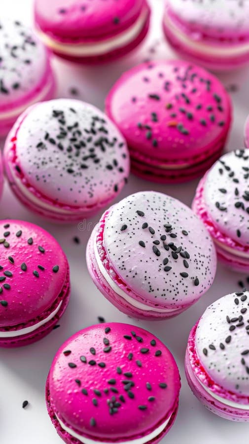 Pink and White Macarons with Black Sesame Seeds on a White Background ...