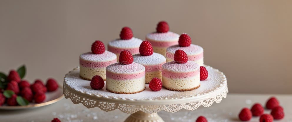 Pink and White Mini Cakes with Raspberries. Stock Photo - Image of ...