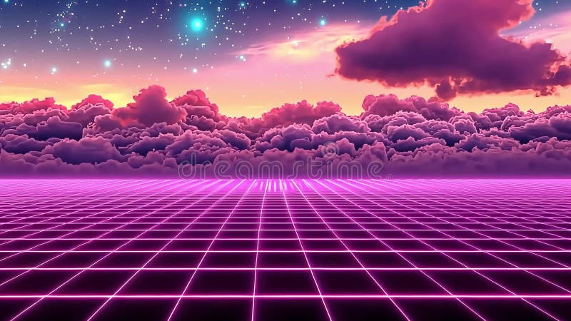 Pink and White Neon Grid Pattern with a Background of Fluffy Clouds and ...