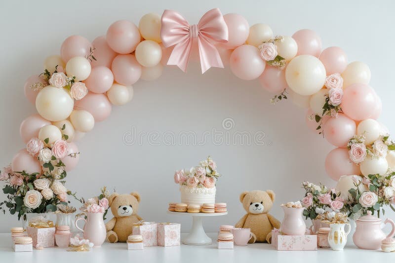 A Pink and White Party with Balloons and Teddy Bears Stock Photo ...