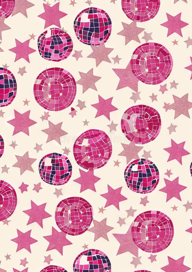 A Pink and White Pattern with Stars and Disco Balls Stock Image - Image ...