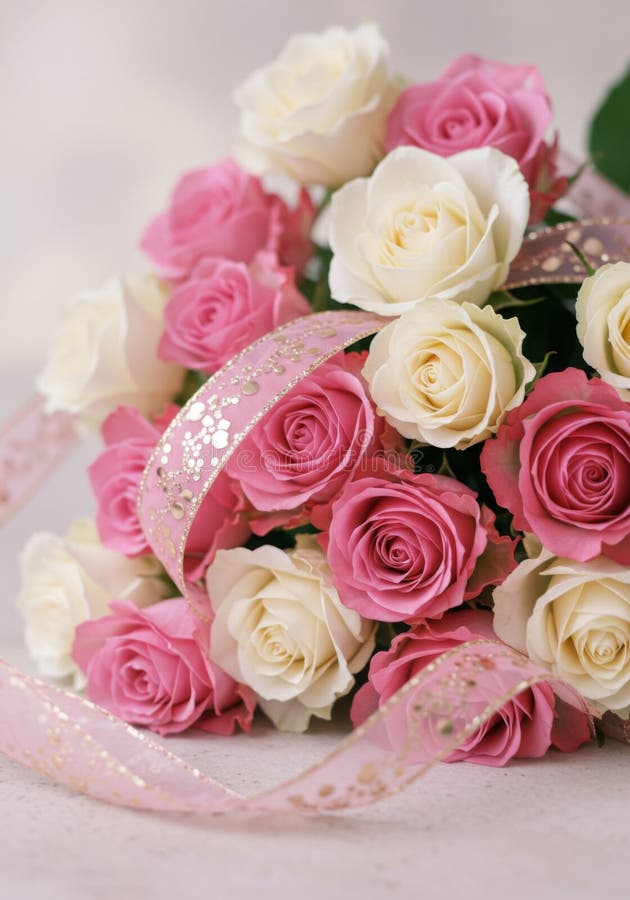 Pink and White Rose Bouquet with Delicate Ribbon Stock Illustration ...