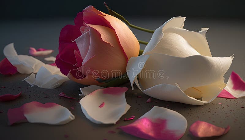 A Pink and White Rose Laying on a Table with Petals Stock Illustration ...