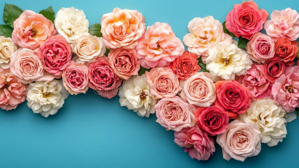 Pink and White Roses Arranged in a Wave on a Blue Background Stock ...