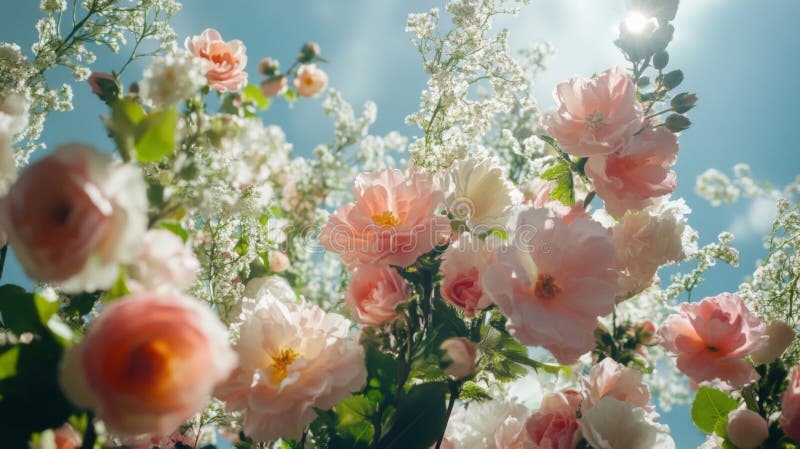 Pink and White Roses Blooming Under Bright Sunlight Stock Illustration ...