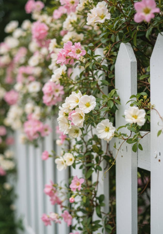 Pink and White Roses Climbing a White Picket Fence Stock Illustration ...