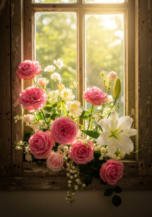 Pink and White Roses in Rustic Window with Sunlight Stock Illustration ...