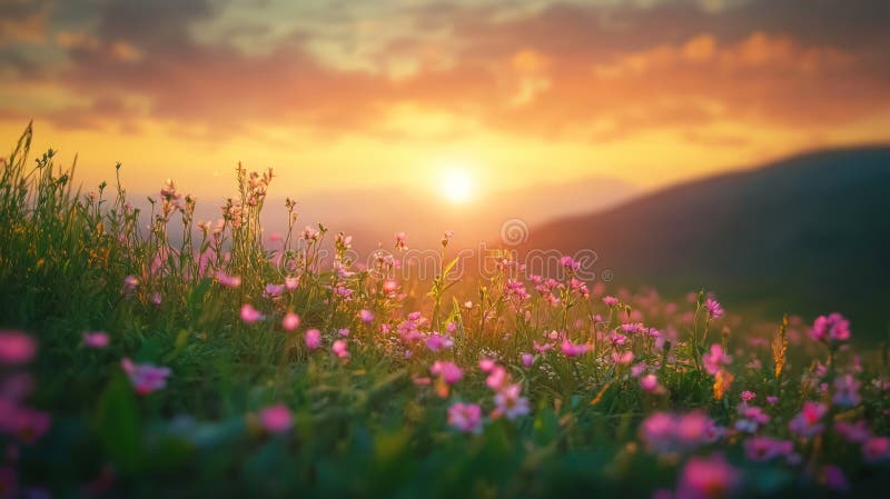 Pink Wildflowers in a Meadow at Sunset with Mountains in the Background ...