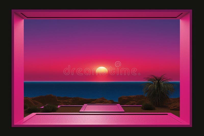 A Pink Window with a View of the Ocean and Sunset Stock Illustration ...