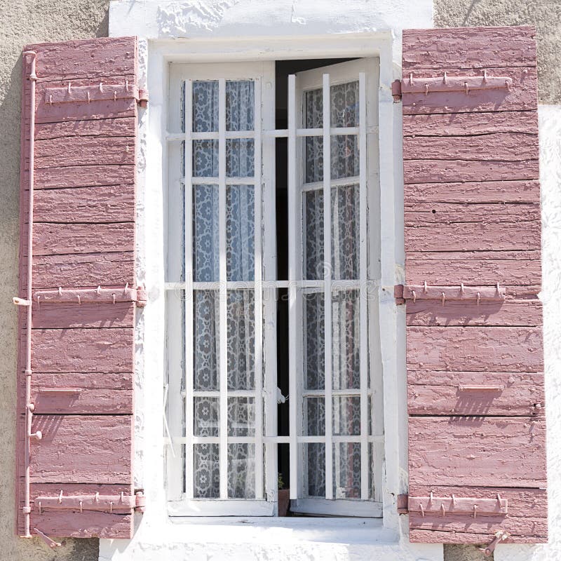 Traditional French Window with Pink Shutters Stock Photo - Image of ...