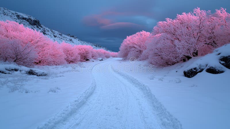Pink Winter Wonderland Path through Snow Covered Trees Stock ...
