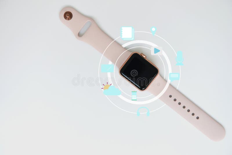 Pink Woman Smart Watch with Media Icon on White for Watch Technology ...