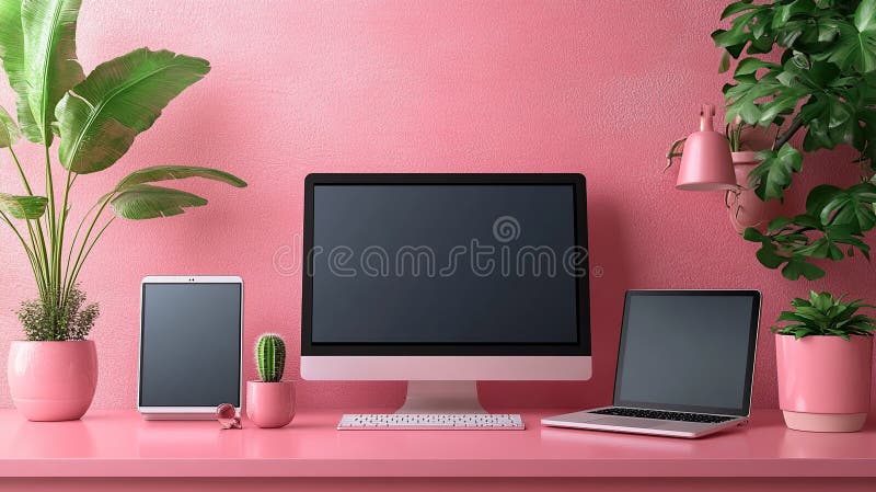 Pink Workspace with Computer, Tablet, Laptop, Plants, and Keyboard ...