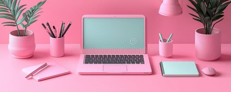 Pink Workspace Setting with Laptop, Plants, and Stationery Essentials ...