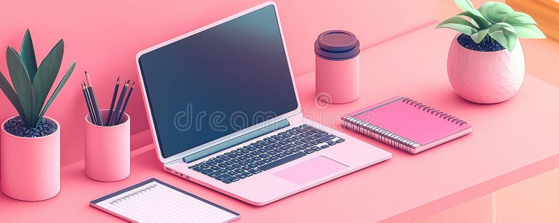 Pink Workspace Setting with Laptop, Plants, and Stationery Essentials ...