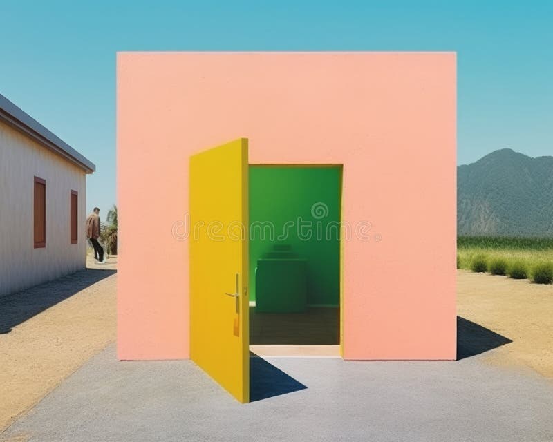 A Pink and Yellow Building with an Open Door Stock Illustration ...