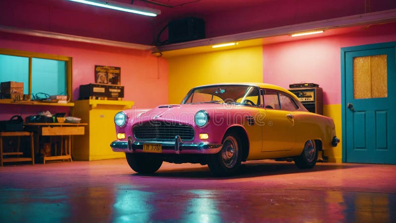 Pink Yellow Car in Yellow Pink Garage Stock Image - Image of history ...