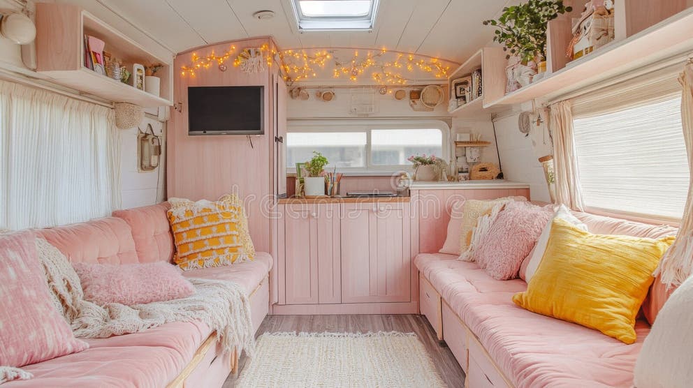 Pink and Yellow Cozy Trailer Interior Design Stock Illustration ...