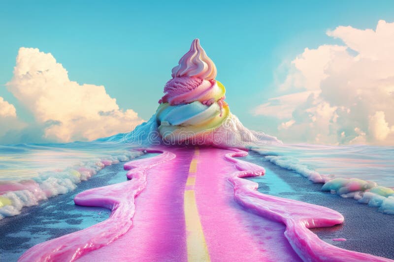 A Pink and Yellow Ice Cream Landscape with a Pink River Stock ...