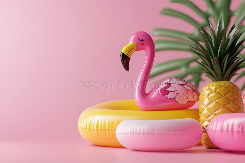 Pink and Yellow Inflatable Flamingo and Pineapple on a Smooth ...