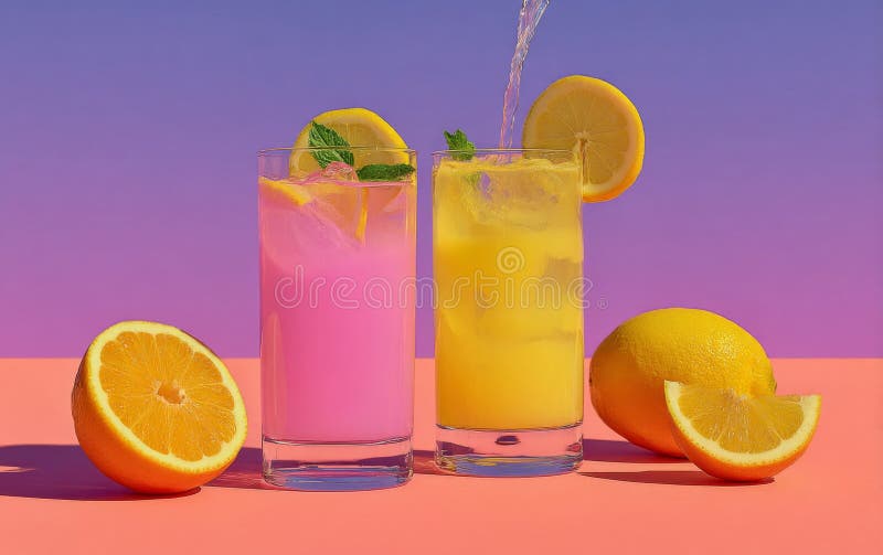 Pink and Yellow Lemonade Drinks with Ice and Fruit Stock Illustration ...