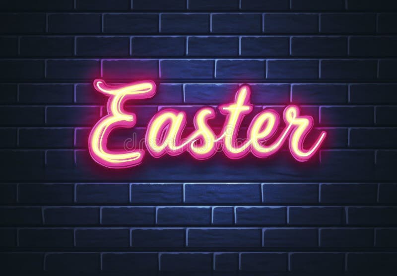 Pink and Yellow Neon Easter Sign on Dark Brick Wall Stock Illustration ...
