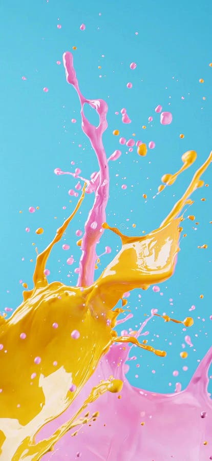 Pink and Yellow Paint is Splashing on a Light Blue Background, Creating ...