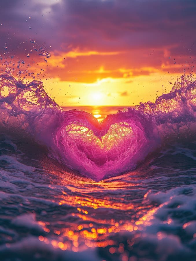 Pink and Yellow Sunset with the Sun Setting Behind an Ocean Wave that ...