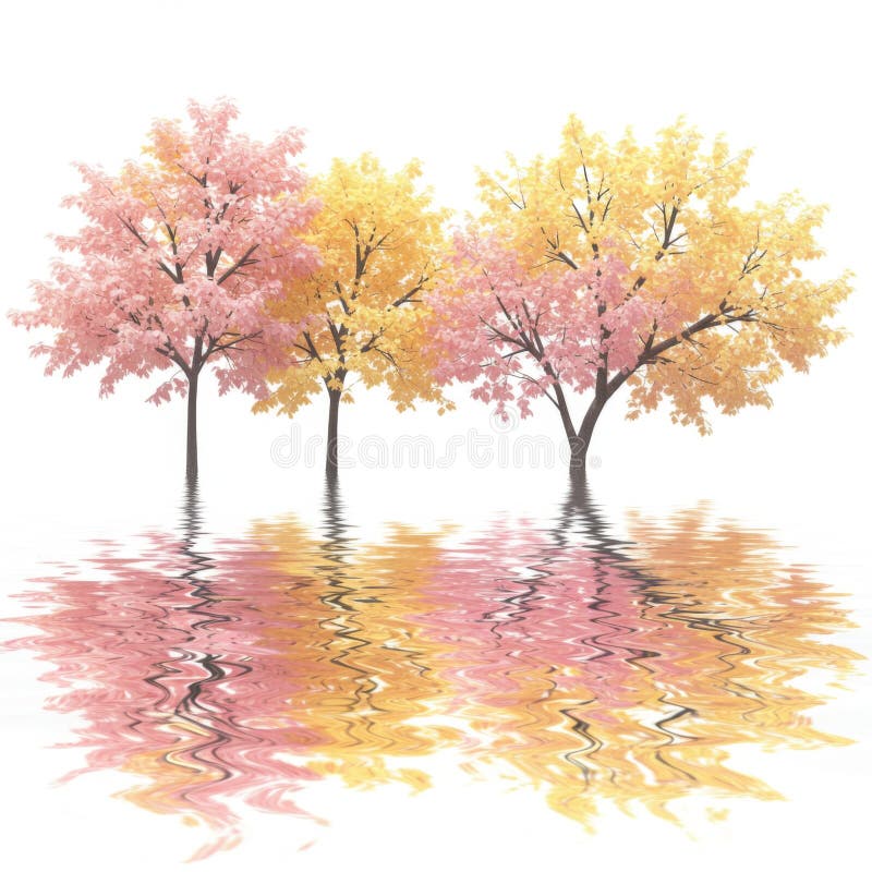 Pink and Yellow Trees Reflected in Calm Water Stock Illustration - Illustration of beautiful ...