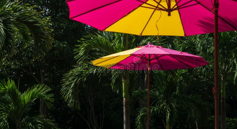 Pink and Yellow Umbrellas Under Tropical Trees Stock Illustration ...