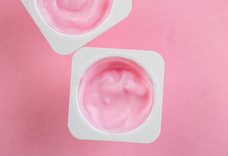 Pink Yogurt Cup - Top View of Strawberry Yoghurt in Plastic Cup Stock ...