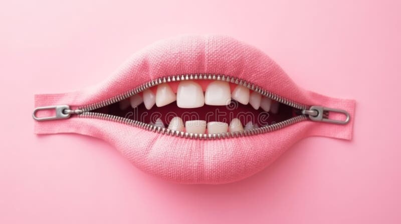 Pink Zipper Pull is Shown in the Mouth of a Woman Stock Photo - Image ...