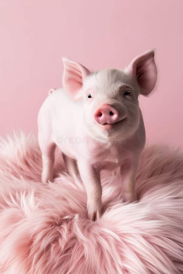Pinkish Piglet on Fluffy Pink Surface, Looking Directly at Camera Stock ...