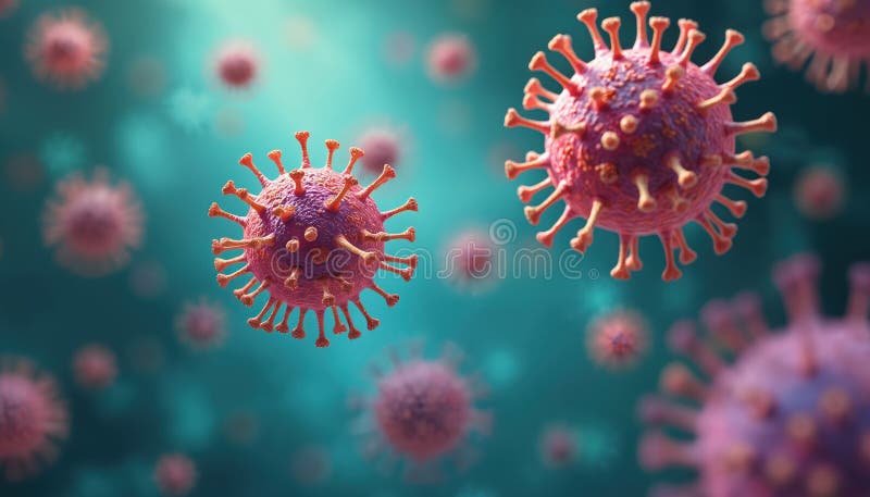 Pinkish-red Viruses Float in Teal-colored Environment. Illustration ...