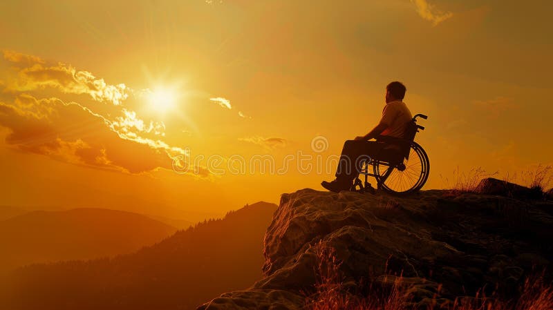 Pinnacle of Perseverance Man in Wheelchair Reflecting on Sunset from ...