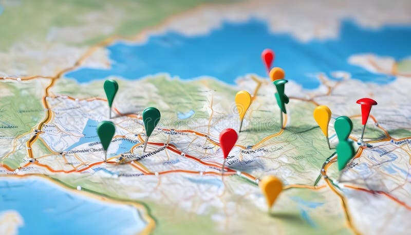 Pinning a Location on a Map of Geography that Includes Mountains Stock ...