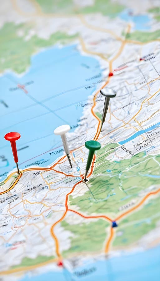 Pinning a Location on a Map of Geography that Includes Mountains Stock ...