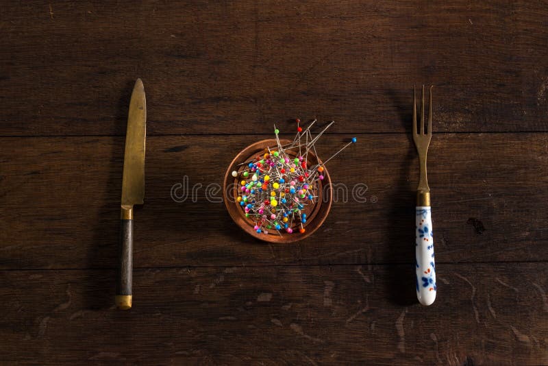 Pins, fork and knife stock image. Image of food, self - 72238673