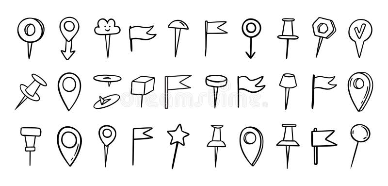 Pins Hand Drawn Doodle Set. Pin Line Drawing Style for Planner or Map ...