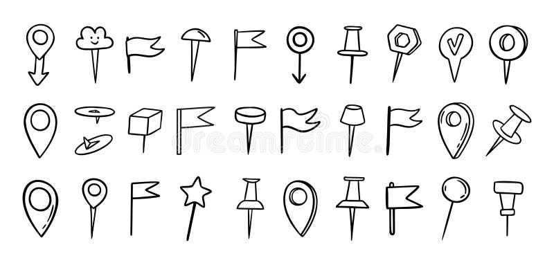 Pins Hand Drawn Doodle Set. Pin Line Drawing Style for Planner or Map ...